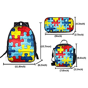 Colorful Autism Awareness Puzzle Backpack 3 Piece Set School Bag Bookbag with Lunch Box And Pencil Case Set for Boys Girls