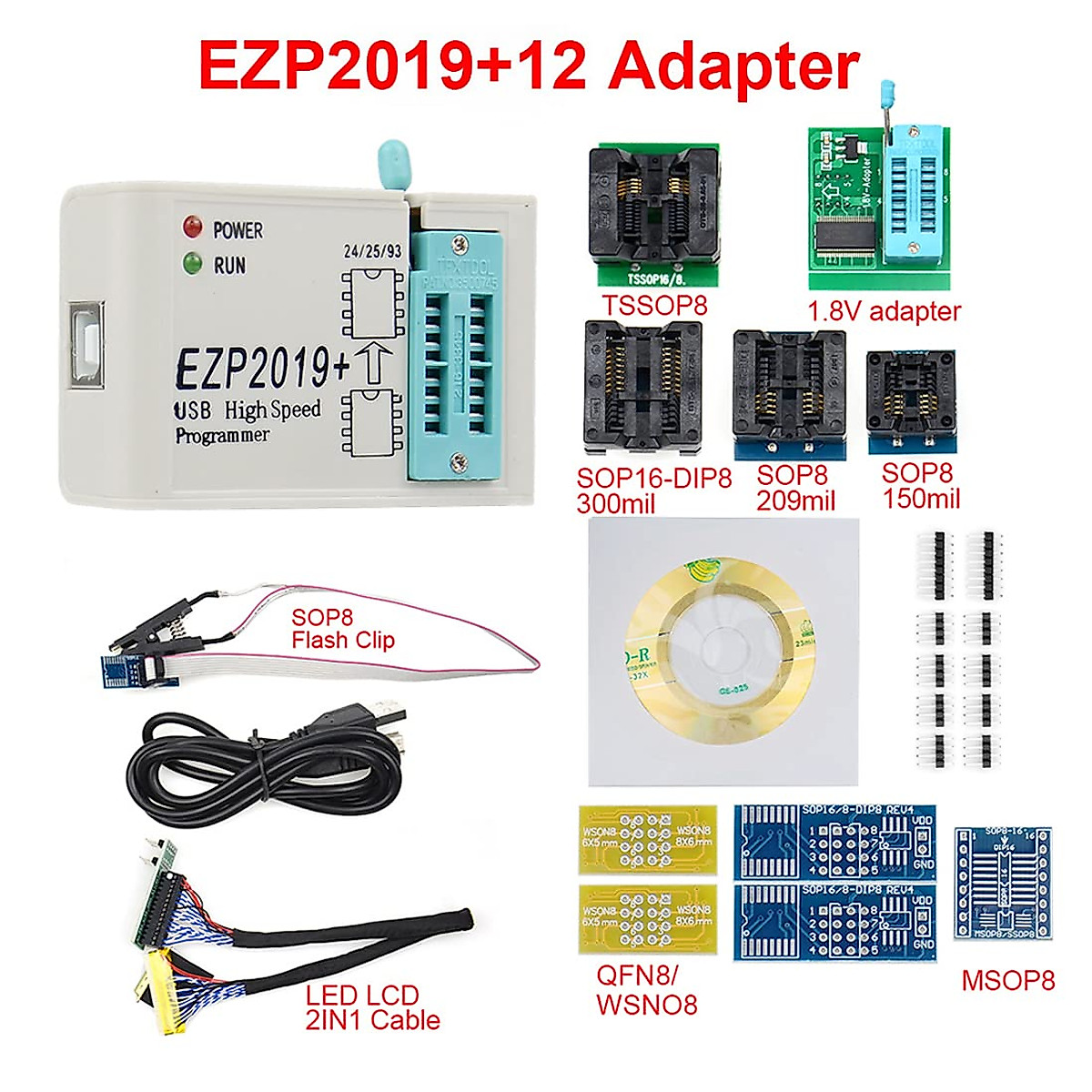 HiLetgo EZP2019+ Upgraded High Speed USB SPI Programmer Support 24 25 93 25 EEPROM Flash BIOS Full Set with 12 Sockets Adapters WIN7&WIN8