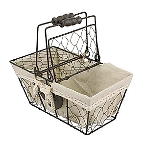 Stonebriar Farmhouse Metal Chicken Wire Picnic Basket with Hinged Lids, Handles, and Heart Detail, 10.5" x 6.5", Cream