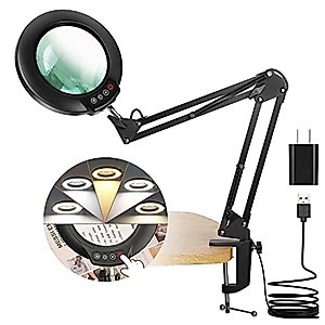 Veemagni 8X Magnifying Glass with Light, 5 Color Modes Stepless Dimmable, Adjustable Swing Arm LED Lighted Desk Lamp with Clamp, Hands Free Magnifier with Light and Stand for Craft Hobby Close Works