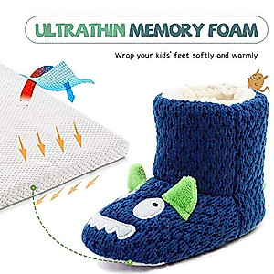 LA PLAGE Boys Girls Blue Monster Bootie Slippers with Cozy Memory Foam Winter Warm Indoor Outdoor House Slippers 1-2 US Navy