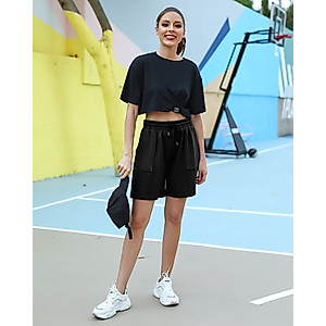 Plus Size Jersey Shorts for Womens Summer Knee Length Shorts Elastic Waist Cotton Lounge Shorts Black XXL