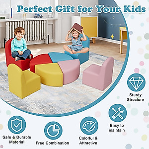 Kinsuite Kids Sofa Seating Set Convert to Table and 4 Chairs Colorful Stools for Toddlers Soft Foam Play 8 PCs Set for Classroom