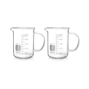 QWORK Beaker with Handle, 250ml/8.45oz, Measuring Cup, Borosilicate Glass, Beaker Mug with Pouring Spout, 2 Pack