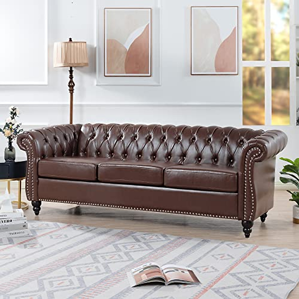 Melpomene Modern Faux Leather 3 Pieces Sofa Set Furniture, Including 3-Seater Sofa and 2 Sofa Chairs with Rolled Arm for Living Room(Brown,1+1+3 seat)
