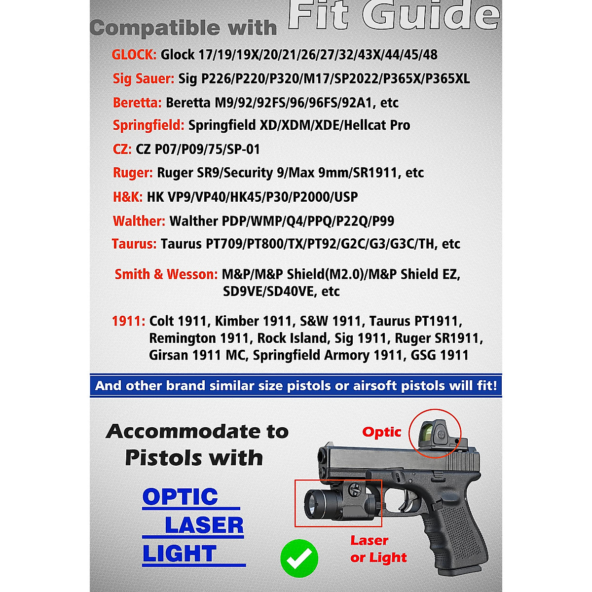 Left Handed Drop Leg Tactical Gun Holster fit Pistol with Optic/Light/Laser, Adjustable Thigh Nylon Gun Holster Compatible with Glock 1911 S&W Sig Sauer Taurus Berreta CZ HK and More