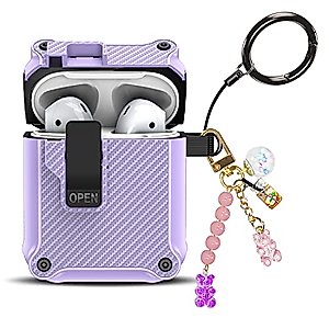 [5 in 1] Case for Airpods 2/1 with Lock, Carbon Fiber Secure Lock Clip PC+TPU Shockproof Protective AirPods Cover Case for Women for AirPod 1st and 2nd Gen with Fashion Candy Keychain(Purple)