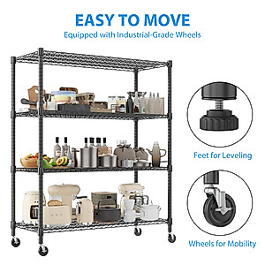 Homdox 60”W Storage Shelves, 4 Tier Heavy Duty Wire Shelving Unit with Wheels, 2400LBS Commercial Adjustable Metal Shelves for Storage, Garage Rack Pantry Shelves Kitchen Shelving, 24"x60"x72", Black