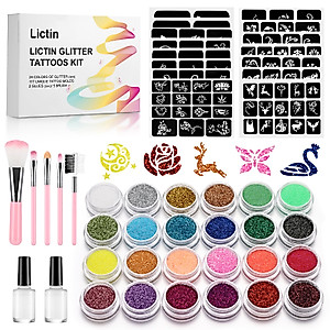 Lictin Glitter Tattoo Set - 24pcs Cosmetic Glitter Tattoo Set Tattoo Stencils Glitter Tattoos Temporary Tattoo Template Set with 117 Stencils, 2 Glue, 5 Brushes
