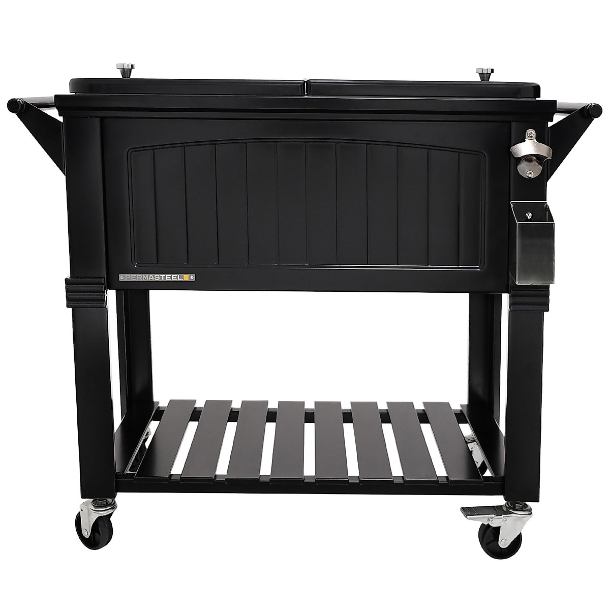 Permasteel 80-Qt Antique Patio Cooler for Outside | Outdoor Beverage Cooler Bar Cart, Rolling Cooler with Wheels and Handles, Wooden Teak Accent, Black