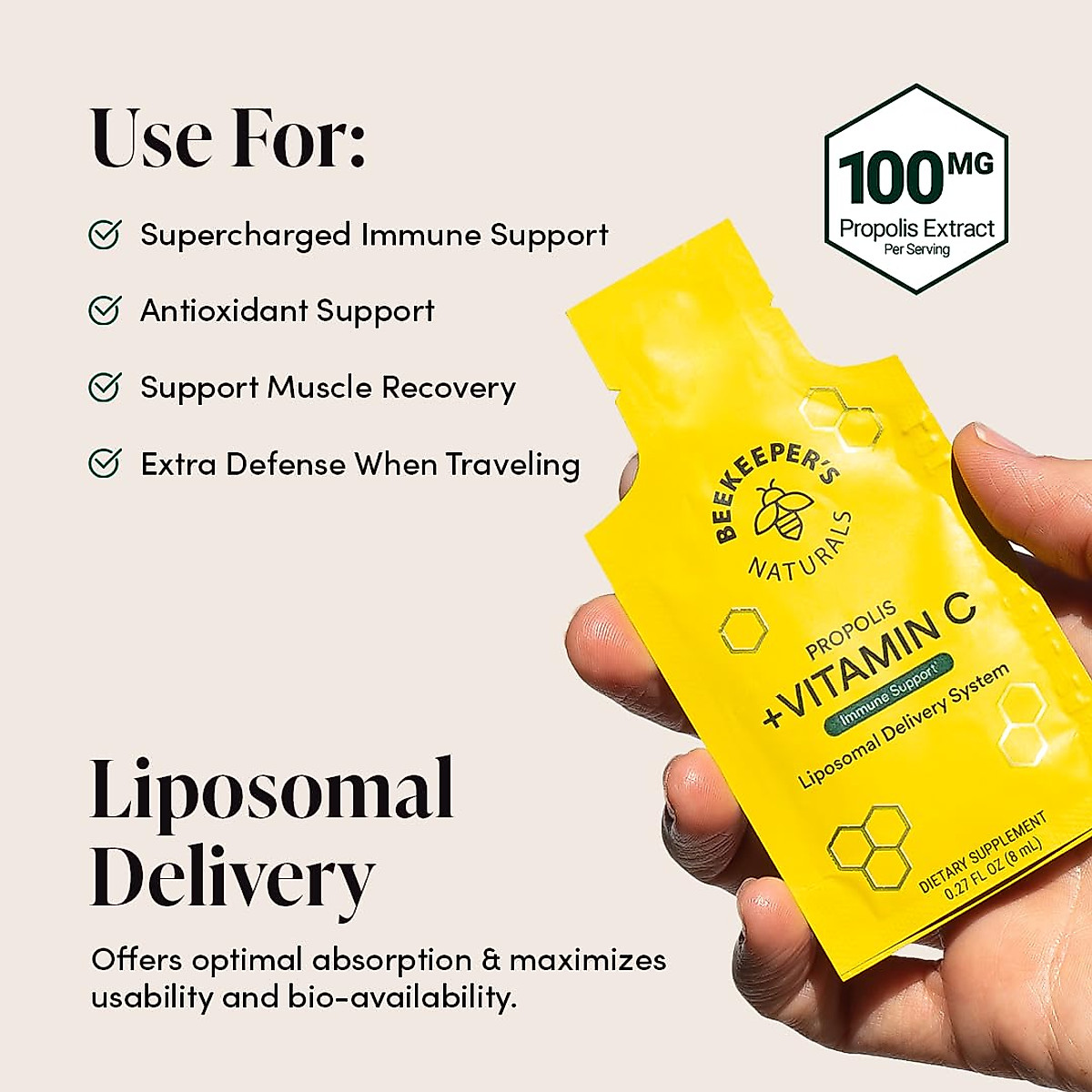 Propolis Liposomal Vitamin C by Beekeeper's Naturals, 1000mg Vitamin C, Propolis & Organic Honey, Supercharged Immune Support & Increased Bioavailibity for Max Absorption, 12 Ct
