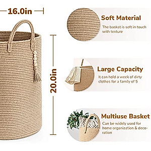 Goodpick Tall Wicker Laundry Basket with Handles, Boho Decorative Storage Basket for Living Room, Bedroom, Entryway, Bathroom, Large Woven Blanket Basket for Pillows, Towels, Shoes, Jute, 16" x 20"