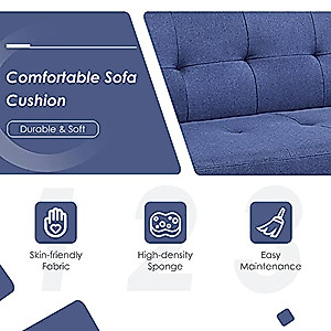 Giantex Convertible Futon Sofa, Modern 3 Seat Sofa Bed with USB and Power Strip, Folding Loveseat, Linen Fabric Lounge Couch for Apartment Dorm, Easy Assembly (Blue)