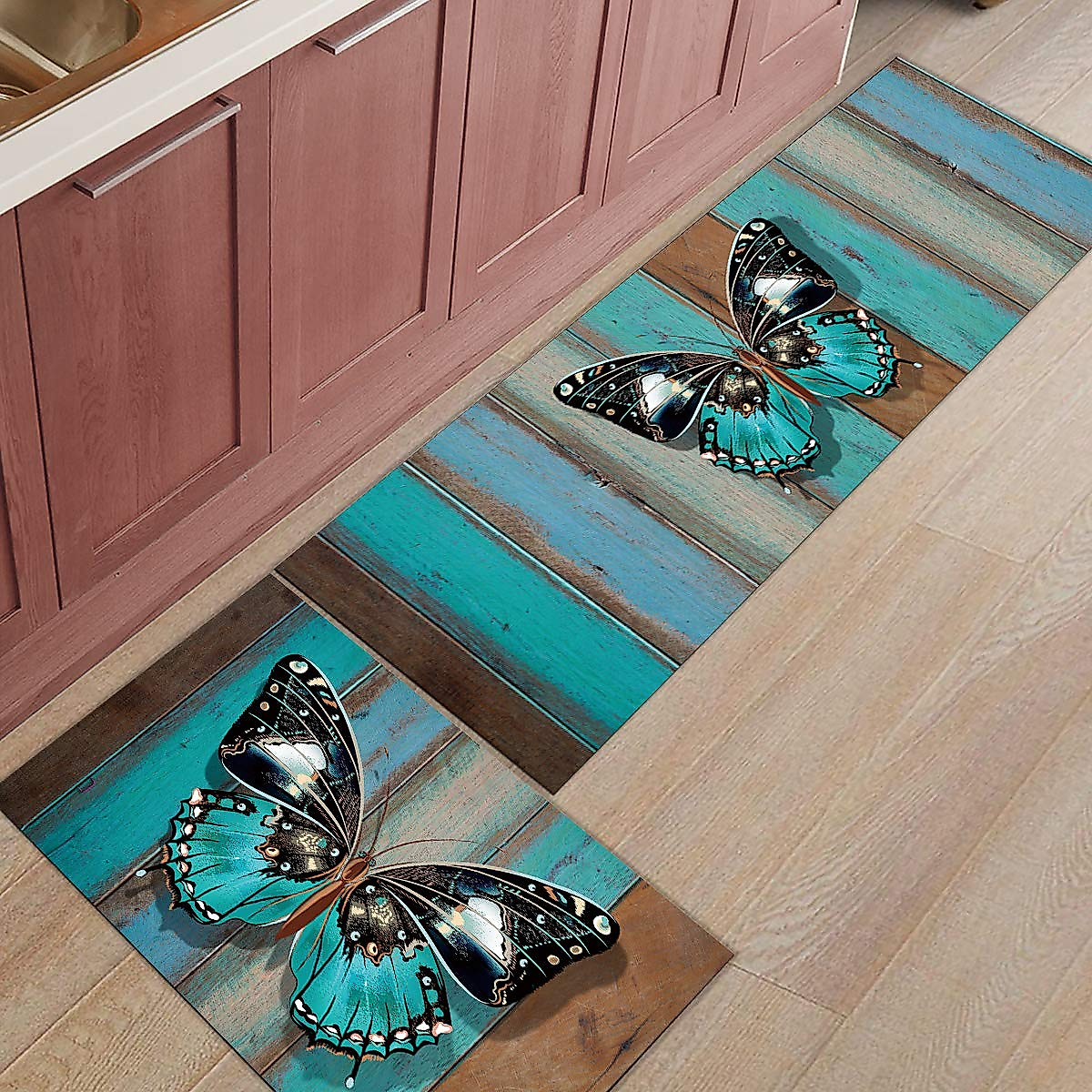 Turquoise Kitchen Mats for Floor Cushioned Anti Fatigue 2 Piece Set Kitchen Runner Rugs Non Skid Washable Wooden Plank Butterfly