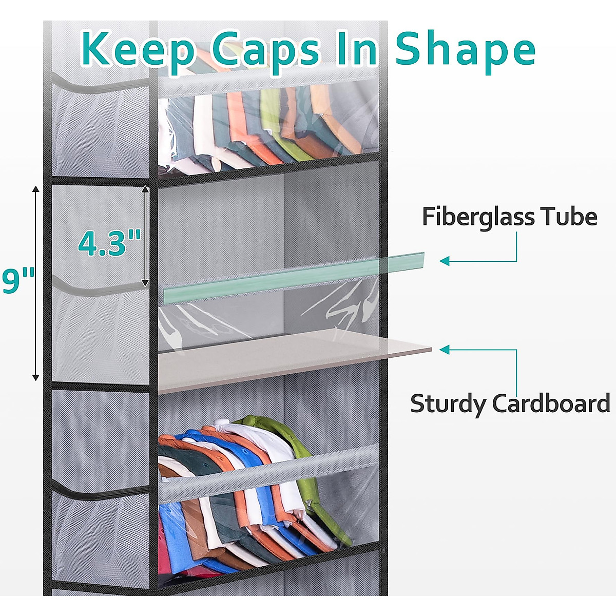 KIMBORA 7 Tier Hat Rack for Baseball Caps, Over Door Baseball Hat Organizer Hold 80 Hat Storage for Closet/Wall with 14 Side Mesh Pockets Cap Holder (Gray)