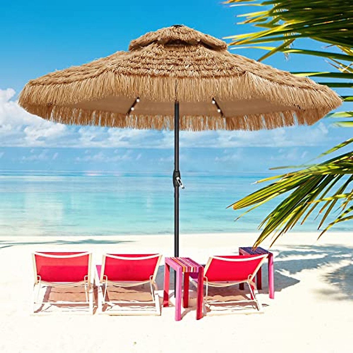 GDY 10FT 40 LED Hula Thatched Tiki Umbrella, Hawaiian Style Beach Patio Umbrellas with Center Light for Patio Garden Beach Pool Backyard