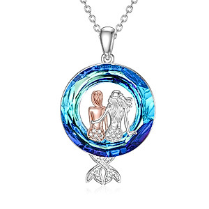 MONGAS Mermaid Necklace 925 Sterling Silver with Crystal Mermaid Sister Christmas Jewelry Gifts for Women