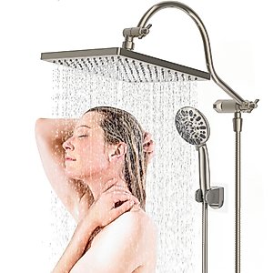 Hibbent 10" Thickness Metal Rainfall Shower Head/Handheld Showerhead Combo with 12'' Adjustable Curved Shower Extension Arm, 7-Spray, 71'' Hose, Adhesive Showerhead Holder, Brushed Nickel