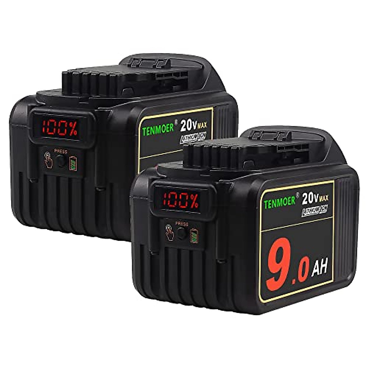 2 Pack TENMOER DCB200 20V 9.0Ah Replacement Battery Compatible with Dewalt 20V Cordless Tools with Digital Indicator