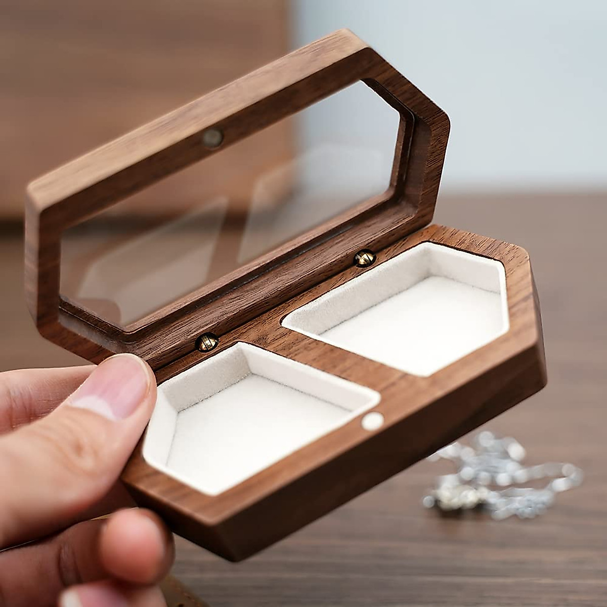 Engagement Ring Box Wooden Ring Box Proposal Ring Box with Clear Top Ring Bearer Box for Wedding Wooden Ring Holder for Proposal (RB517)
