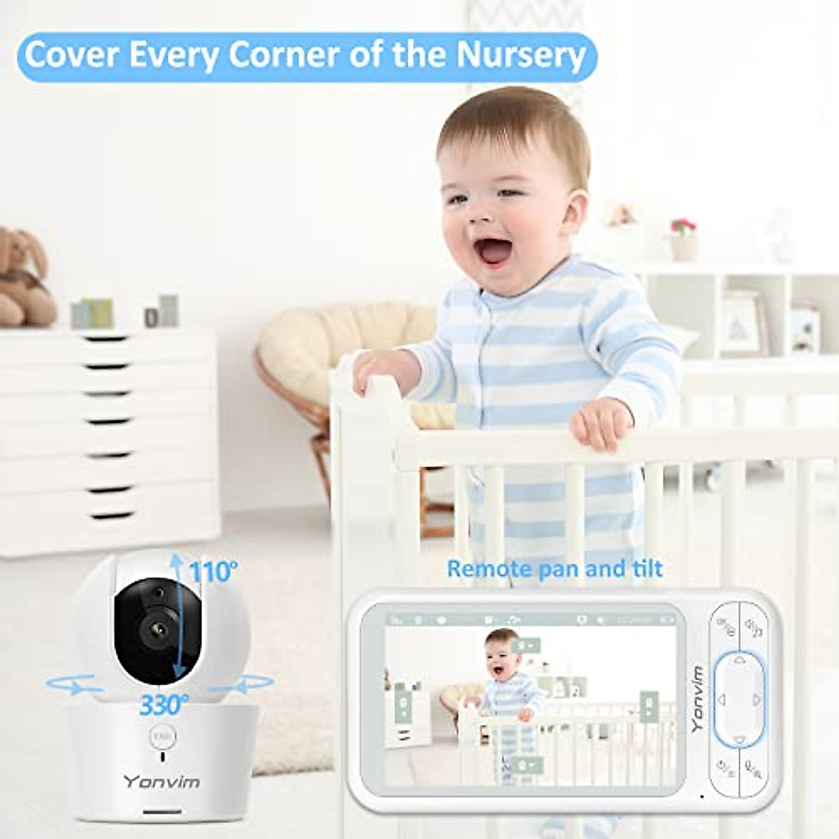 Yonvim Baby Monitor 5" 1080P HD Video Baby Monitor with Camera and Audio 5000mAh Battery Night Vision No WiFi 2-Way Talk 1000ft Long Range Remote Pan Tilt 4X Zoom with 2 Mounts