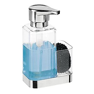 mDesign Modern Plastic Kitchen Sink Countertop Liquid Hand Soap Dispenser Pump Bottle Caddy with Storage Compartment - Holds and Stores Sponges, Scrubbers and Brushes - Clear/Chrome