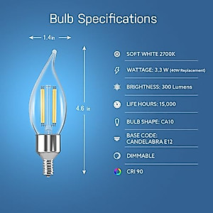 Feit Electric Smart LED Candle Wifi Bulb, Works with Alexa or Google Assistant, E12 base, No Hub, Flame Tip Filament Chandelier Light Bulb, 2700K Soft White, 4 Pack CFC40/927CA/FIL/AG/4