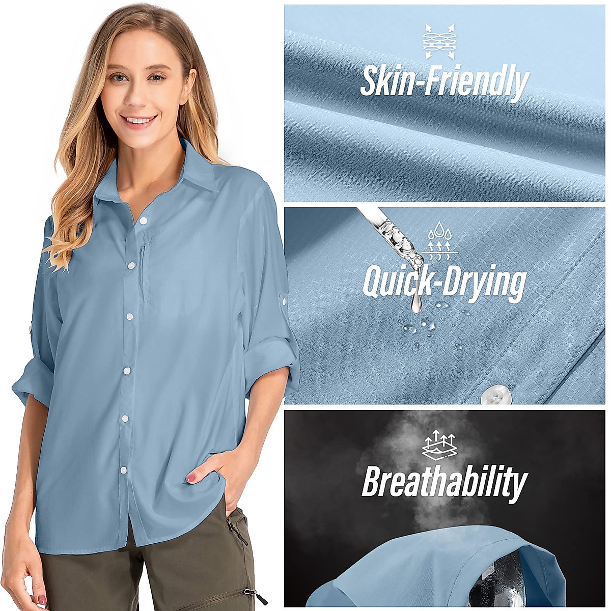 Women Long Sleeve Sun Protection Shirts, UV Fishing Hiking Button Safari Dry Quick Lightweight Lightweight,5019 Blue,Small