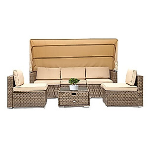 YITAHOME Patio Wicker Sofa Daybed Furniture Set with Retractable Canopy, Storable Side Table Outdoor Lounger with Soft Cushions for Backyard Porch (Light Brown + Beige)