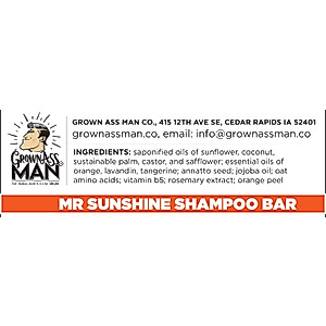 Grown Ass Man Co. - Solid Shampoo Bar Rich Lather 3 in 1: Hair, Beard & Body Wash - Plastic Free & Eco-Friendly, Natural & Organic Clean for All Hair Types, 4oz Bar (Mister Sunshine, Single)