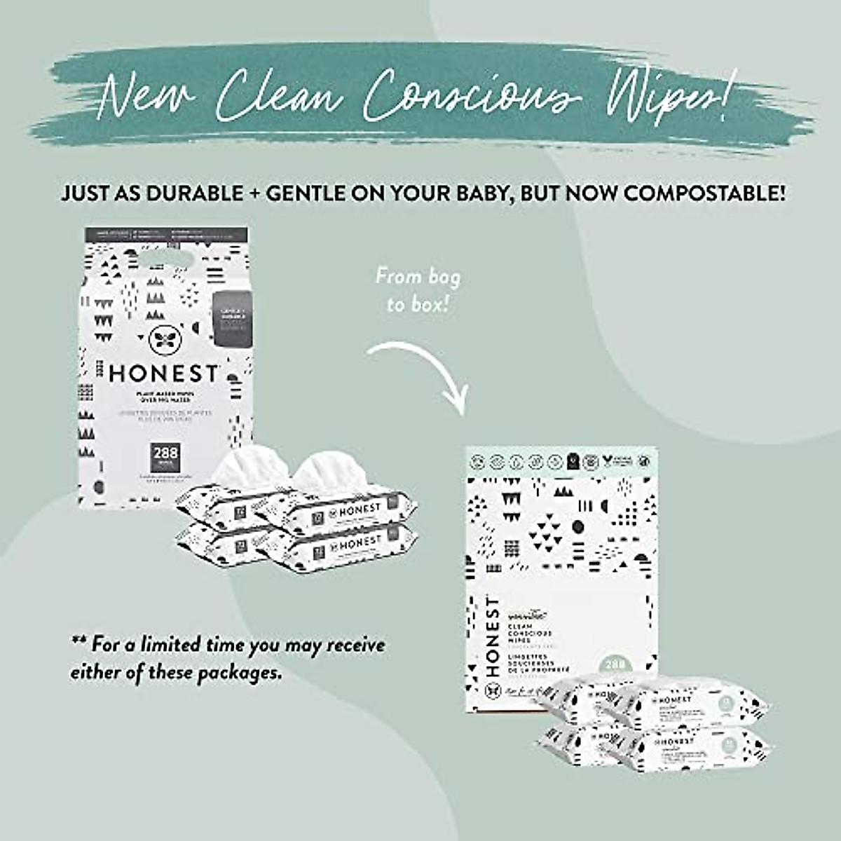 The Honest Company Clean Conscious Wipes | 99% Water, Compostable, Plant-Based, Baby Wipes | Hypoallergenic, EWG Verified | Pattern Play, 288 Count