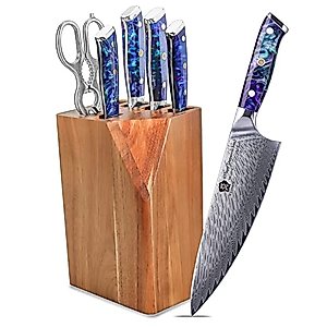 WILDMOK Damascus Kitchen Knife Set with Block Premium Quality 7 Pieces Kitchen Knife Set Razor-Sharp with Ergonomic Handle (7pcs Knife Block Set Blue Resin Handle)