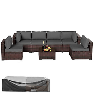 Amopatio Patio Furniture Set 7 Pieces Patio Conversation Set, Outdoor Sectional Wicker Rattan Sofa with All-Weather Cover and Pillows, Fits Porch Garden Backyard Balcony(Grey)