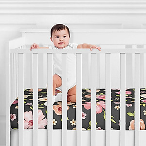 Sweet Jojo Designs Black and Blush Pink Baby or Toddler Fitted Crib Sheet for Watercolor Floral Collection - Rose Flower