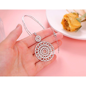 S925 Sterling Silver Long Chain Circle Necklace for Women Statement Pendant Fringe Sweater Necklaces Floral