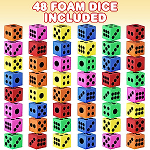 Foam Dice for Kids, Bulk Set of 48, 1.5 Inch Large Foam Dice Set in Assorted Colors, Great as Foam Dice for Classroom, Casino Party Decorations, and Colored Dice for Board Games