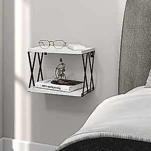 Afuly Bedside Table Wall Mounted, 2 Tier Rustic Wood Floating Nightstand for Bedroom Decor Storage, Black Wall Bedside Shelf for Home Livingroom Bathroom Kitchen Decorative