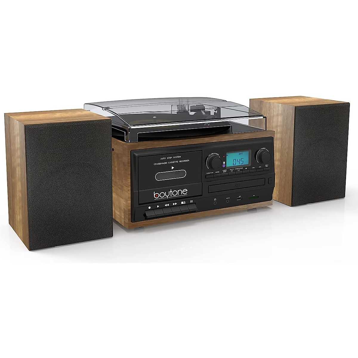 Boytone BT-58W Bluetooth Record Player Turntable with CD Player, Convert LP Vinyl, CD to MP3 Player, Cassette, AM/FM Radio, USB/SD Encoding, Remote Control, Audio Music Player Built in Amplifier