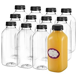 DilaBee 16 Oz Empty Plastic Juice Bottles with Lids – 12 Pack Small Square Drink Containers - Great for Storing Homemade Juices, Water, Smoothies, Tea and Other Beverages - Food Grade BPA Free