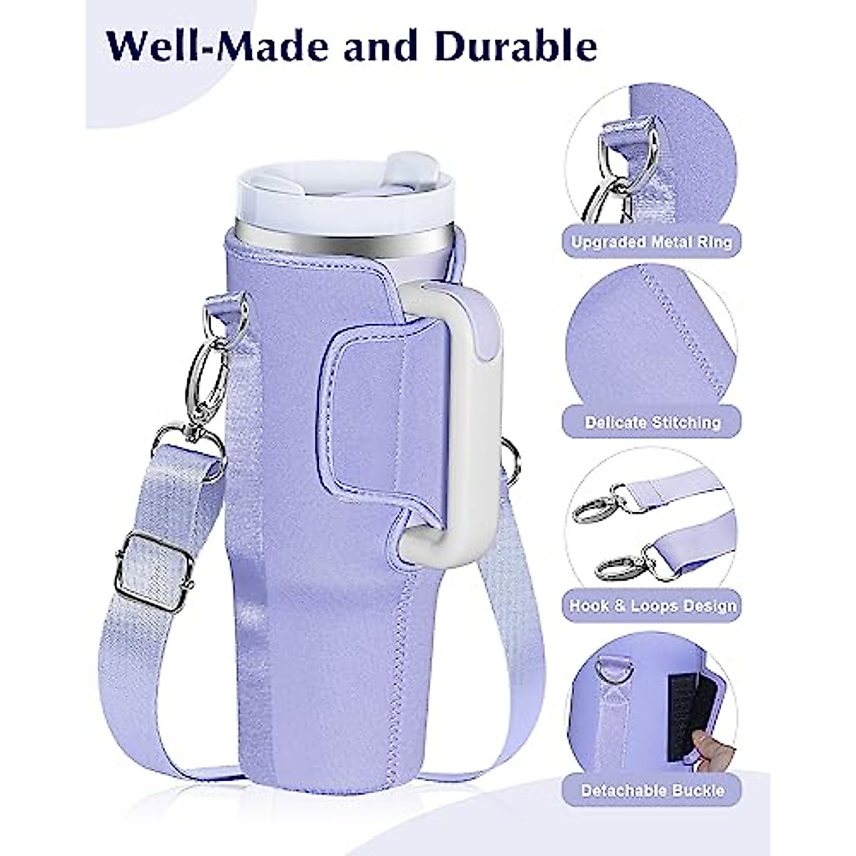 OriJoy Water Bottle Carrier Bag Holder for Stanley 40/30 Oz Tumbler Cup Accessories, Neoprene Pouch Sleeve with Adjustable Crossbody Strap, Purple