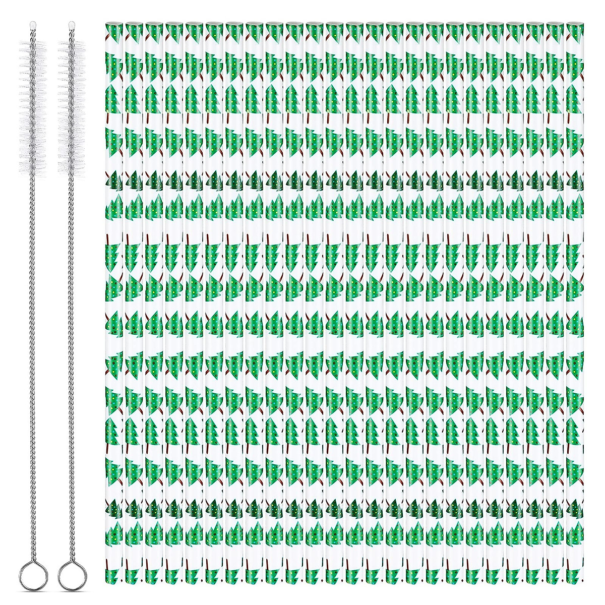 24 Pcs Christmas Plastic Reusable Straws 9 Inch Christmas Tree Drinking Straws Hard Plastic Straws for Tumbler Fun Straws for Party Supplies Family Holiday, with 2 Cleaning Brush