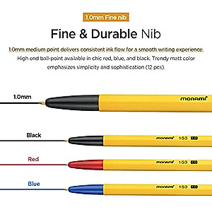 MONAMI BP 153 Retractable Ballpoint Pen, Medium Point (1.0mm), Black, 12-Count