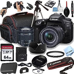 Canon EOS 90D DSLR Camera w/EF-S 18-55mm F/4-5.6 STM Zoom Lens + 64GB Memory Card, Case, Hood, Tripod, Grip-Pod, Filter, Professional Photo Bundle(24pc) (Renewed)