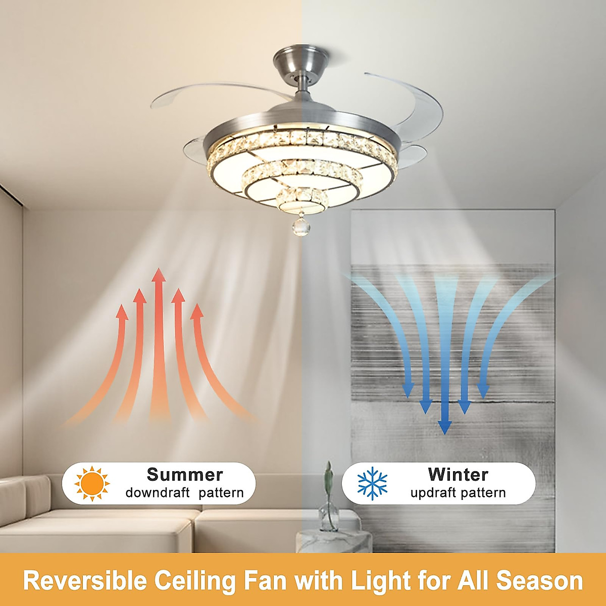 DLLT 42'' Crystal Ceiling Fan with Light, 36W Modern Reversible Ceiling Fan Remote, 3-Blade Retractable LED Fan Chandelier Indoor for Living Room, Bedroom, Dining Room, 3CCT 3000K-6000K, Nickel