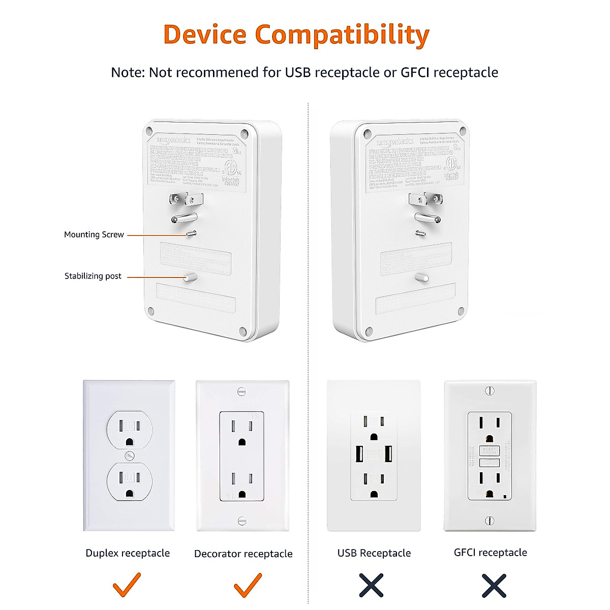 Amazon Basics 6 Outlet Rectangle Wall-Mount Surge Protector, 1080 Joules