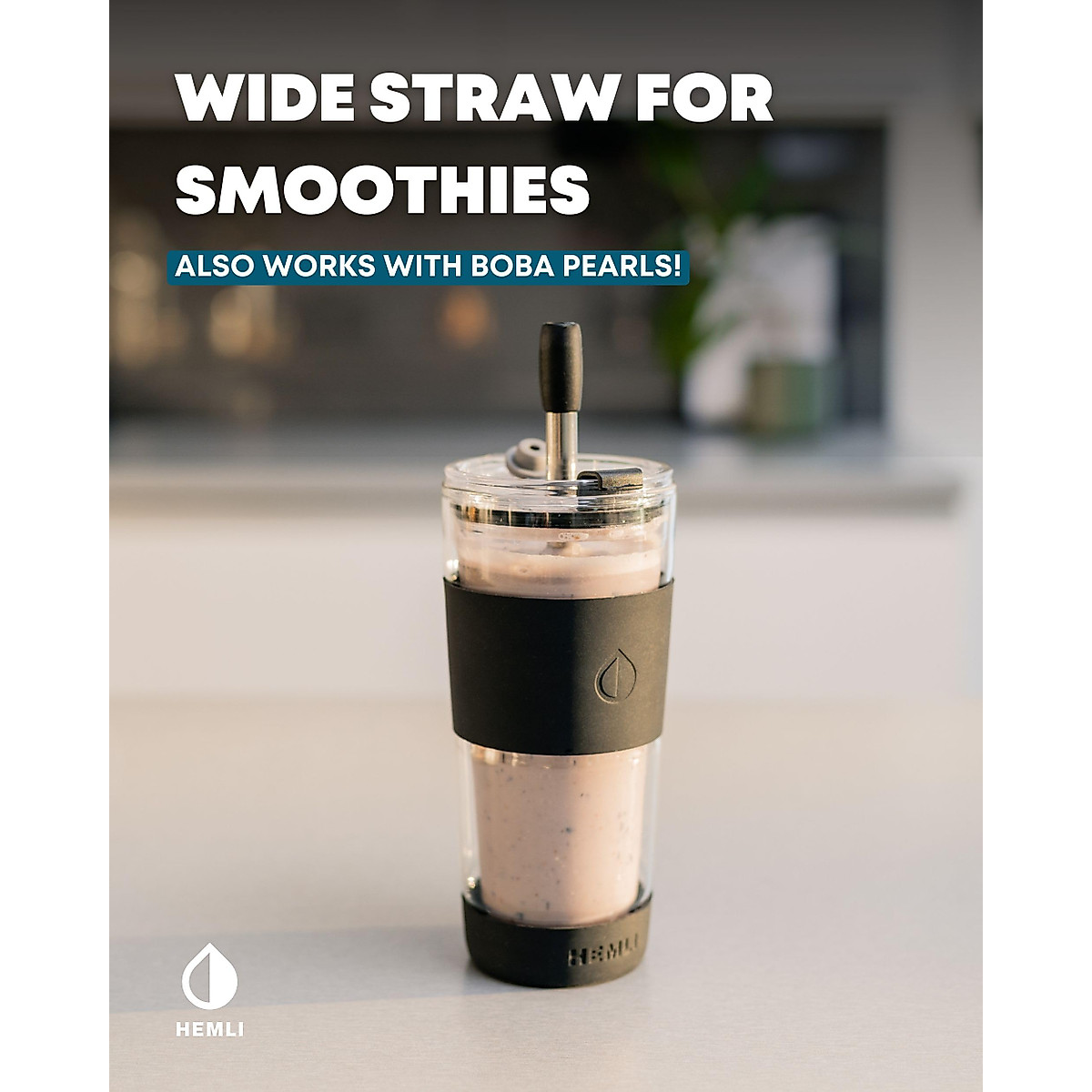 Hemli 19 oz. Clear Double Wall Glass Coffee Tumbler, To Go Glass Travel Mug with Lid, Portable Glass Thermos with Straw, Reusable Cup for Coffee, Tea, Smoothies, Ice Coffee, and Boba (Black)