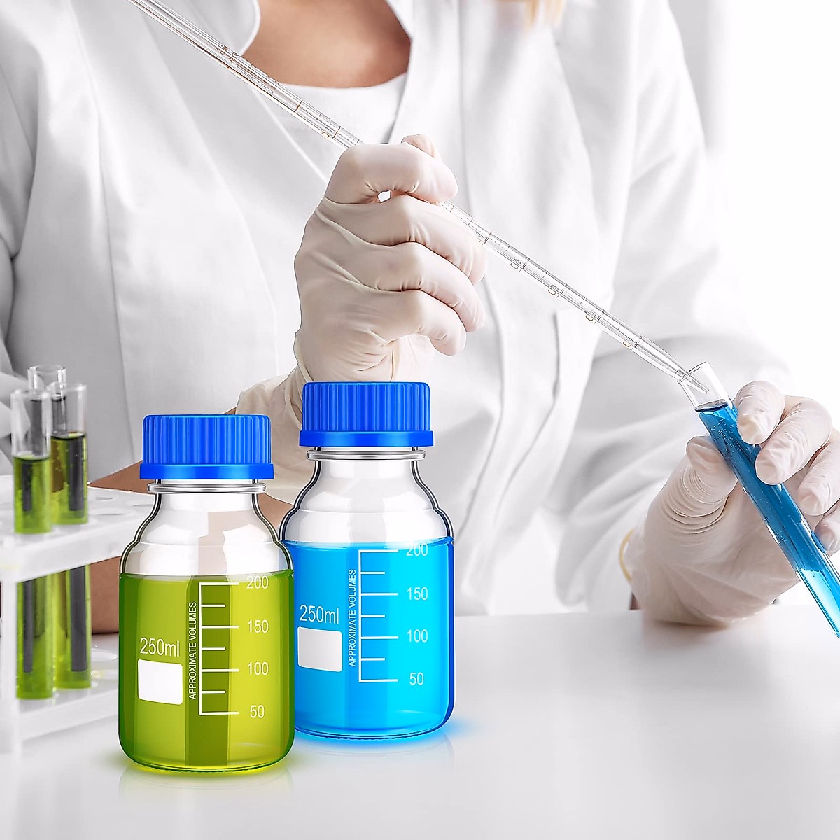 Chuarry 16 Pieces Media Storage Bottles Borosilicate Storage Glass Bottle Scientific Round Graduated Media Bottle with Blue Gl45 Screw Cap for Lab Water Reagent Liquids (250 ml)