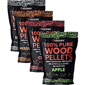 Kona Wood Pellets Variety Pack, Intended for Ninja Woodfire Outdoor Grill, Apple, Cherry, Mesquite, Supreme Blend, 4, 2 lb Resealable Bags
