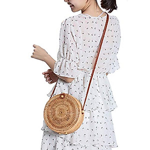 Handwoven Round Rattan Bag Shoulder Leather Straps Natural Chic Hand