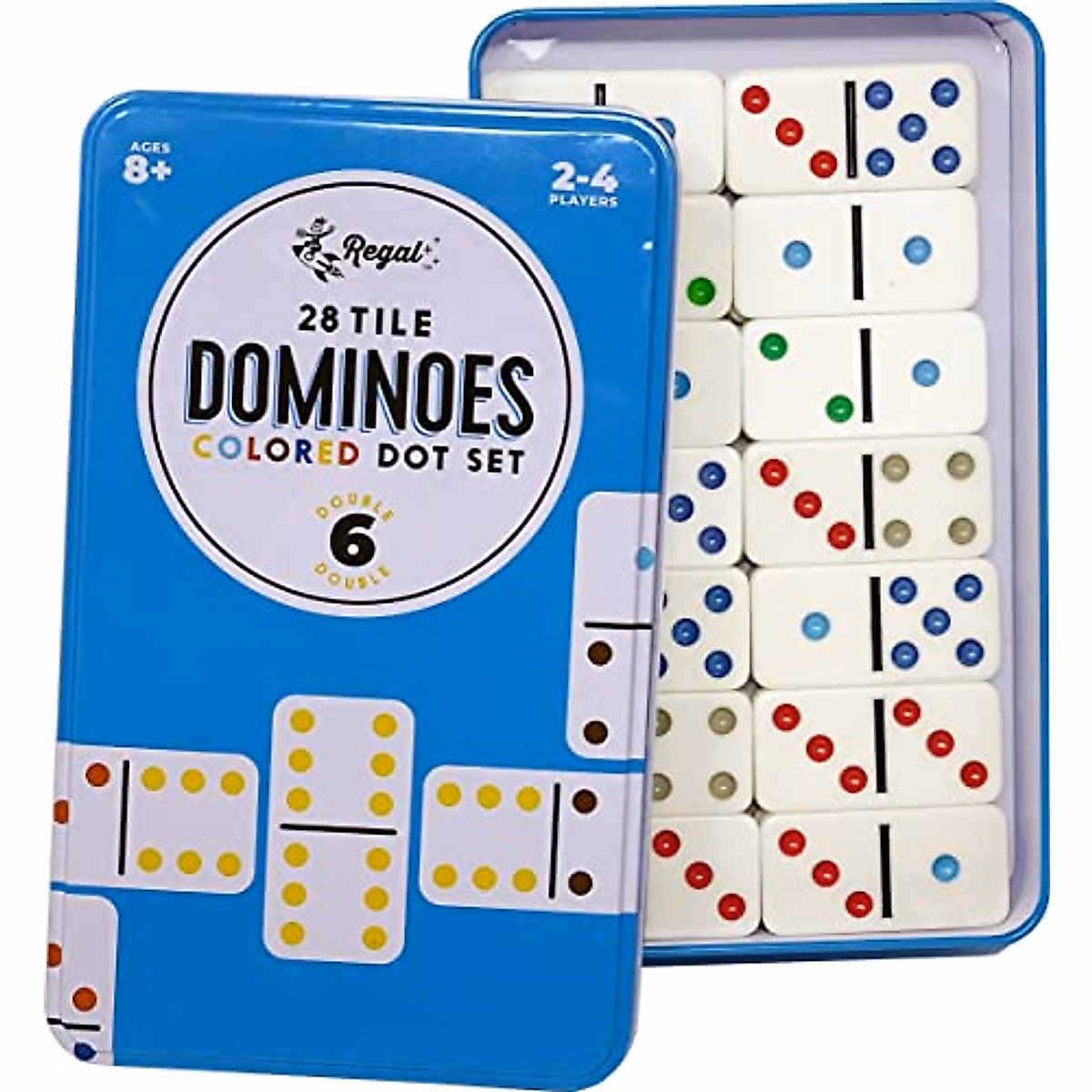 Regal Games - Double 6 Dominoes - Colored Dots Set - Fun Family-Friendly Dominoes Game - Includes 28 Tiles & Collector’s Tin - Ideal for 2-4 Players Ages 8 for Kids and Adults